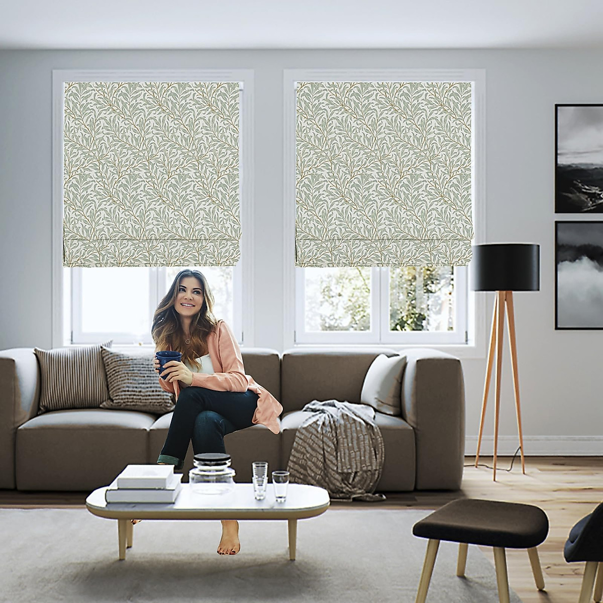 Comodex Cordless Floral Roman Shades, Green Leaf Customized Window Shades,Light Filtering Premium Blackout Roman Blinds, Washable Fabric Roman Shades for Windows, French Doors, Doors, Kitchen Windows