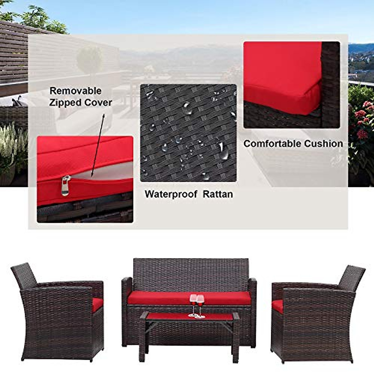 Saemoza Patio Furniture Set, 4 Piece Outdoor Wicker Rattan Patio Furniture with Tempered Glass Tabletop, Brown Wicker| Red Cushions for Outdoor Garden