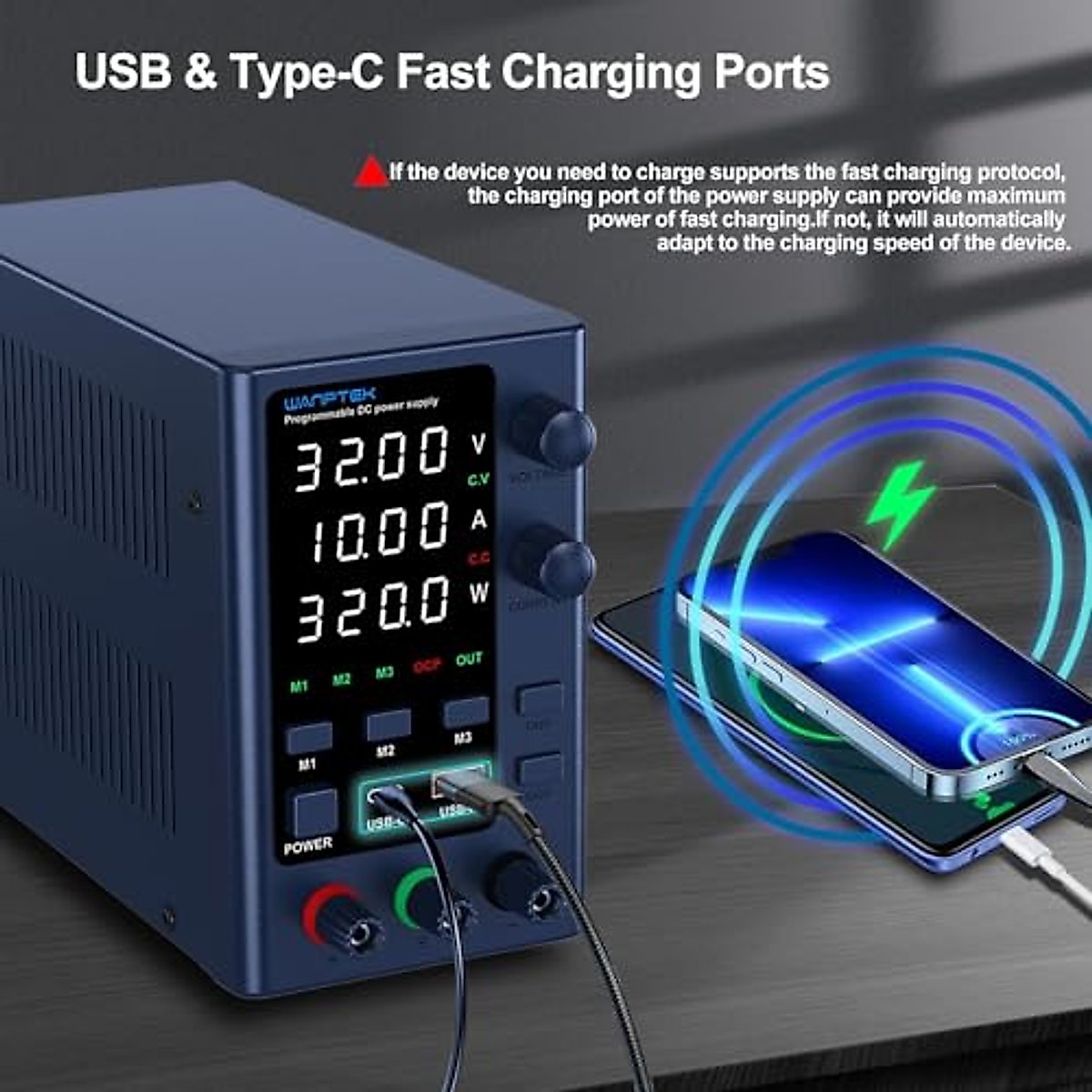 1PCS Adjustable DC Power Supply with 4-Digit LED Display; 5V/3.6A USB/Tape-C Fast Charging with 3-Group Memory for Encoder(EPS3205)