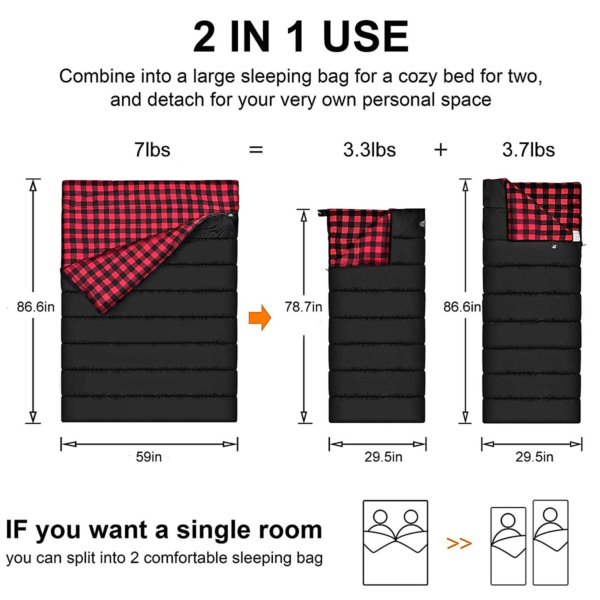 Cotton Flannel Double Sleeping Bag for Camping, Backpacking, Or Hiking. Queen Size 2 Person Waterproof Sleeping Bag for Adults Or Teens. Truck, Tent, Or Sleeping Pad, Lightweight（Pillows NOT Include）