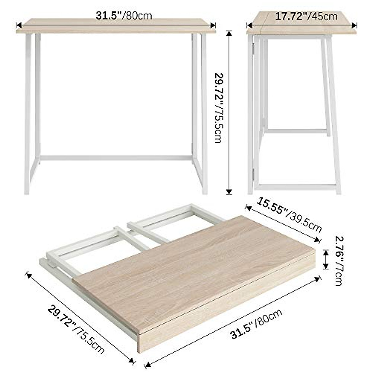 4NM 31.5" Folding Desk, Simple Assembly Computer Desk Study Writing Table for Small Space Offices/Home - Natural and White