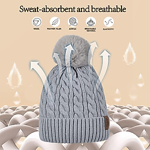 Womens Winter Beanie Hat Scarf and Gloves Set Girls Cable Beanies with Pompom Infinity Scarf Knitted Touch Screen Gloves Sets for Cold Weather Ladies Grey Knit Thick Warm Soft Fleece Lined Thermal Cap