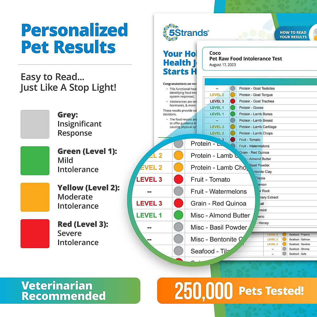5Strands Pet Raw Food Intolerance Test, at Home Sensitivity Test for Dogs & Cats, 315 Items, Hair Analysis, Accurate for All Ages and Breed, Results in 5 Days - Chicken, Beef, Duck