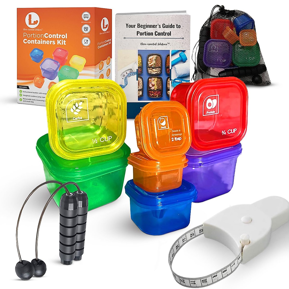 Elceeo essential Solutions 21 Day Portion Control Containers for Weight Loss with Booklet Guide - Set of 7 Bariatric Meal Prep Containers, Body Measuring Tape, Cordless Jump Rope & Storage Bag