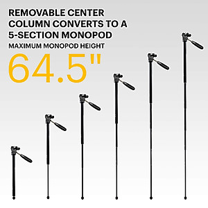 KODAK PhotoGear 2-in-1 Tripod & Monopod | Lightweight 70” 4-Section Flip-Lock Aluminum Tripod Converts to 64.5” Monopod | QuickRelease Plates 3-Way Swivel Head Bubble Level BONUS Tripod E-Guide & Case