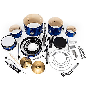 Costzon 16” Kids Drum Set, 5-Piece Full Size Complete Junior Drum Set with Adjustable Throne, Cymbal, Hi-Hat, Pedal & Drumsticks, Beginner Drum Kit with Bass Snare Tom Drum, Age 3-12, Blue