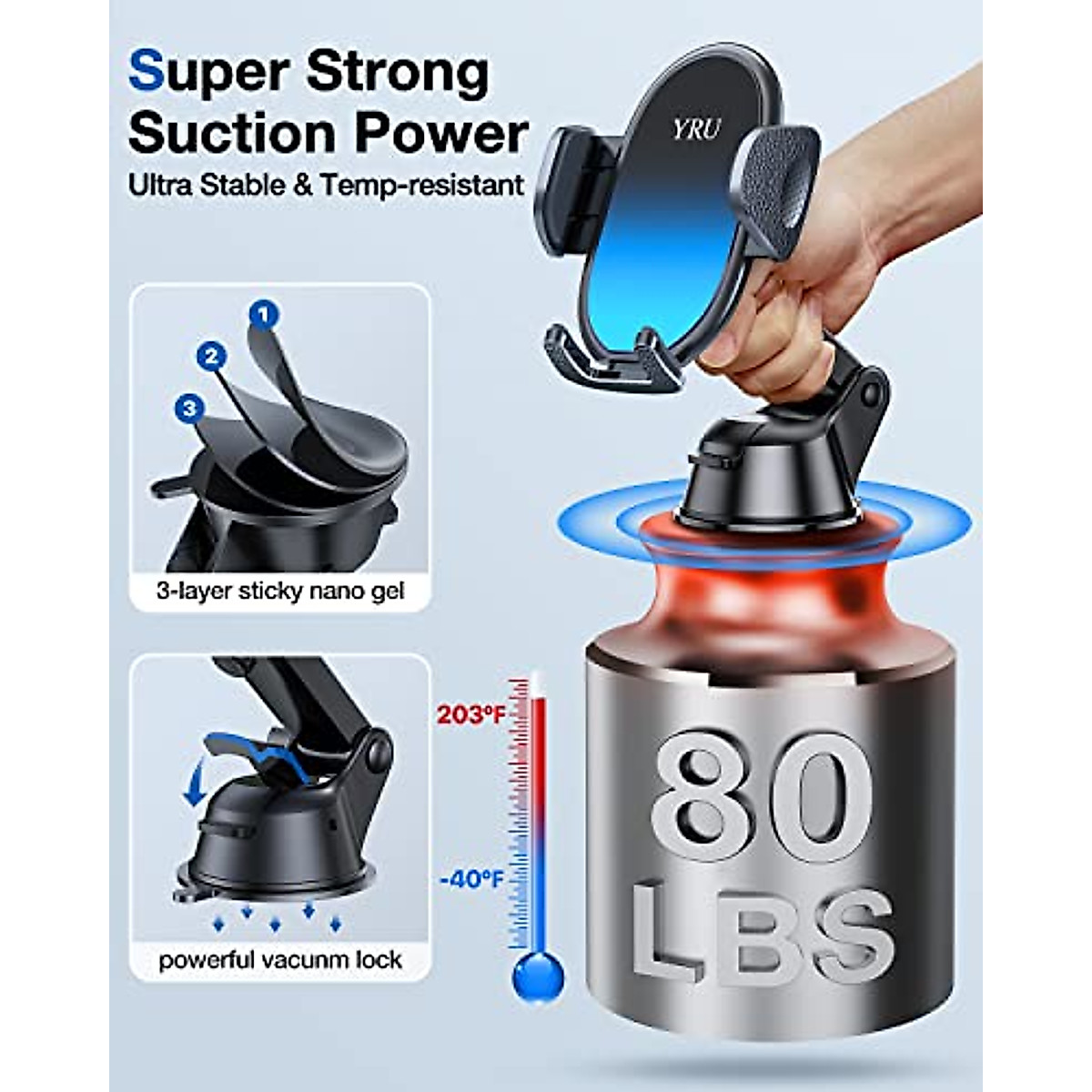 [Upgraded] YRU Car Phone Mount, Sturdy Suction Adjustable Long Arm Cell Phone Holder for Car Dashboard Air Vent Windshield, Handsfree Dash Stand for iPhone 14 13 Pro Max, Samsung Universal Cellphone