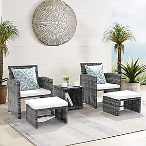OC Orange-Casual 5 Piece Patio Furniture Set, Wicker Outdoor Conversation Chair and Ottoman Set with Coffee Table, Pillows Included, for Balcony, Porch, Deck, White