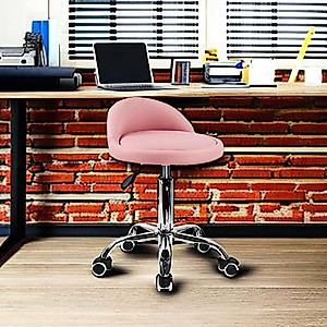 KKTONER PU Leather Round Rolling Stool with Back Rest Height Adjustable Swivel Drafting Work SPA Task Chair with Wheels Pink