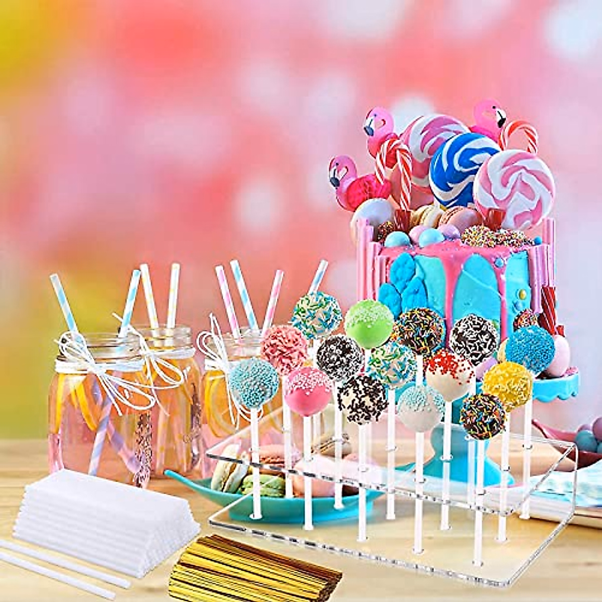 Faitoger 2 PCS Acrylic Lollipop Stand Display Holder 100PCS Lollipop Sticks 100PCS Clear Treats Bags and 100PCS Gold Metallic Twist Ties for Candy Cake Pop Making Tools
