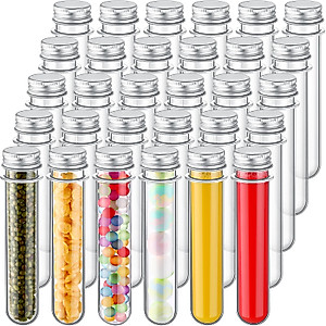 50 Pcs Test Tubes 40 ml Plastic Test Tubes with Screw Lids 1.1 x 5.5 Inch/ 28 x 140 mm Clear Candy Tubes Vials Storage Tubes Container for Sample Powder Seed Bead Gift Science Party (Silver)