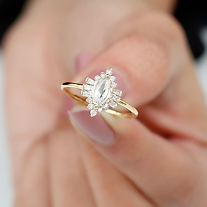 Rosec Jewels 1.25 CT White Sapphire Ring for Women, Antique White Sapphire Halo Ring, White Sapphire Gold Ring, Genuine White Sapphire Ring, 14K Yellow Gold, Size:US 7.50