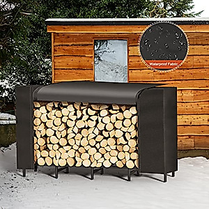 5.3Ft Outdoor Firewood Rack with Cover Wood Log Racks Holders for Fireplace Adjustable Metal Wood Storage Rack Stand Stackers for Fire Wood, Patio, Porches, Waterproof Oxford Fabric Cover, Black