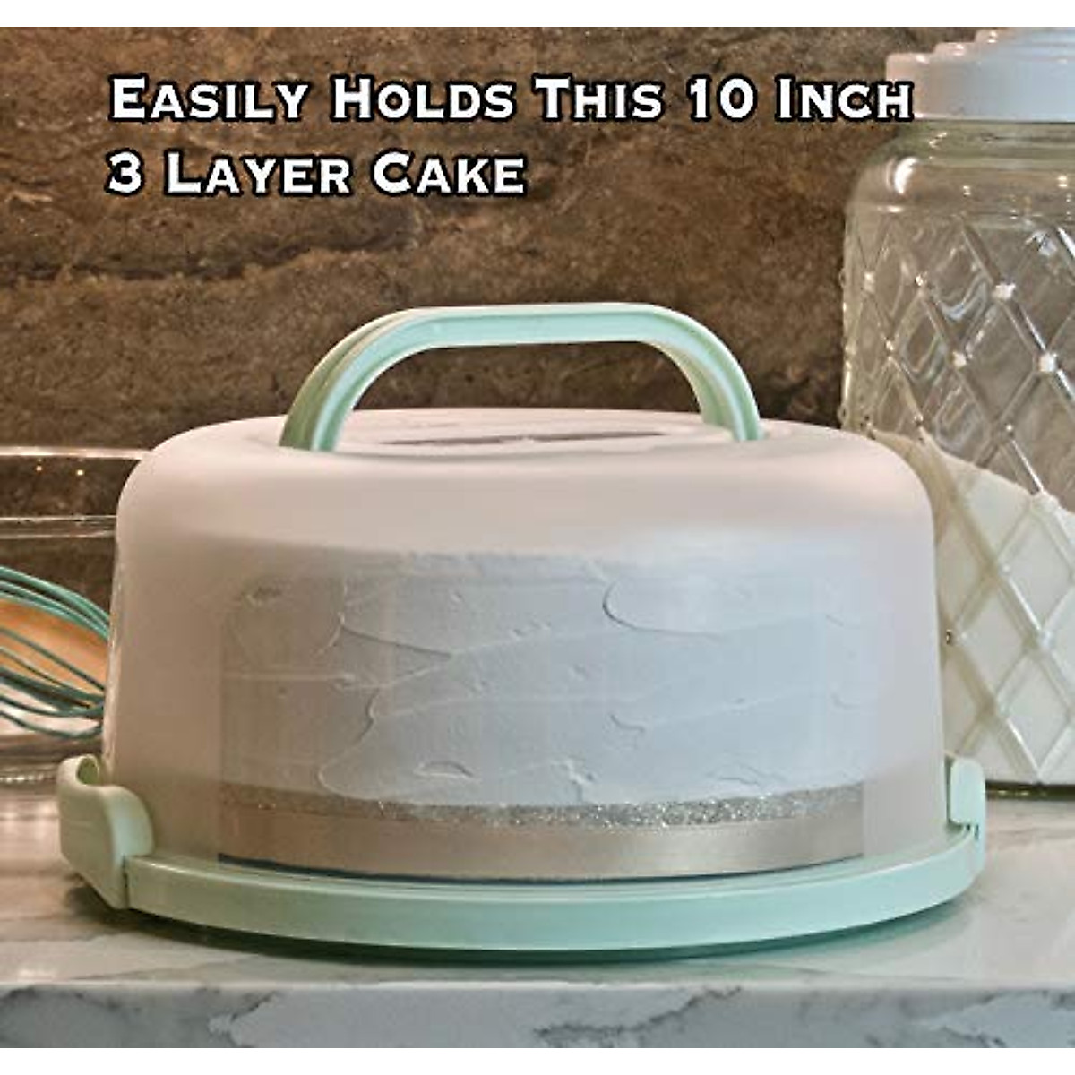 Top Shelf Elements Round Cake Carrier Two Sided Cake Holder Serves as Five Section Serving Tray, Portable Cake Stand Fits 10 inch Cake, Cake Box Comes With Handle, Cake Container Holds Pies (Green)