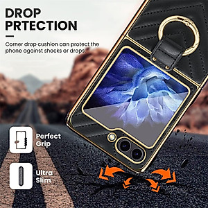 Soyeacrg Case for Samsung Galaxy Z Flip 5, Ultra Thin Luxury Quilted Leather Gold Plated Frame Folding Women Case with Ring Holder Camera Lens Protection Film for Samsung Z Flip 5 2023,Red