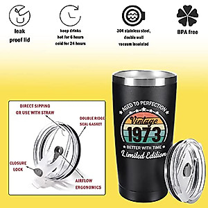 Jettryran 50th Birthday Gifts for Women Men Parents 50 Years Old Gifts- 20 oz Double-sided Vintage 1973 with Time Information Tumbler Cup（black） Turning 50- TB004