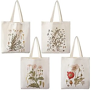Weewooday Floral Canvas Tote Bag 4 Pieces Botanical Shopping Bag Aesthetic Flower Tote Grocery Bag for Women Girl Shopping(Classic Style)