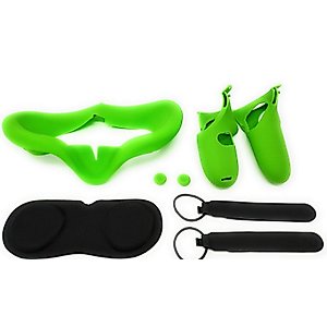 TNE Accessories Bundle Kit for Quest 1 VR Headset & Controllers | Headphones/Earphones, Silicone Face Cushion Cover, Grip Case, Knuckle Hand Strap, Lens Cover Pad, Thumbstick Caps (Green)