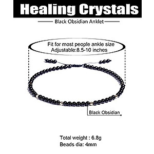 Jewever Black Obsidian Anklet Bracelet for Women crystals and healing stones Beach Foot Beaded Adjustable(8.5-10 Inches)