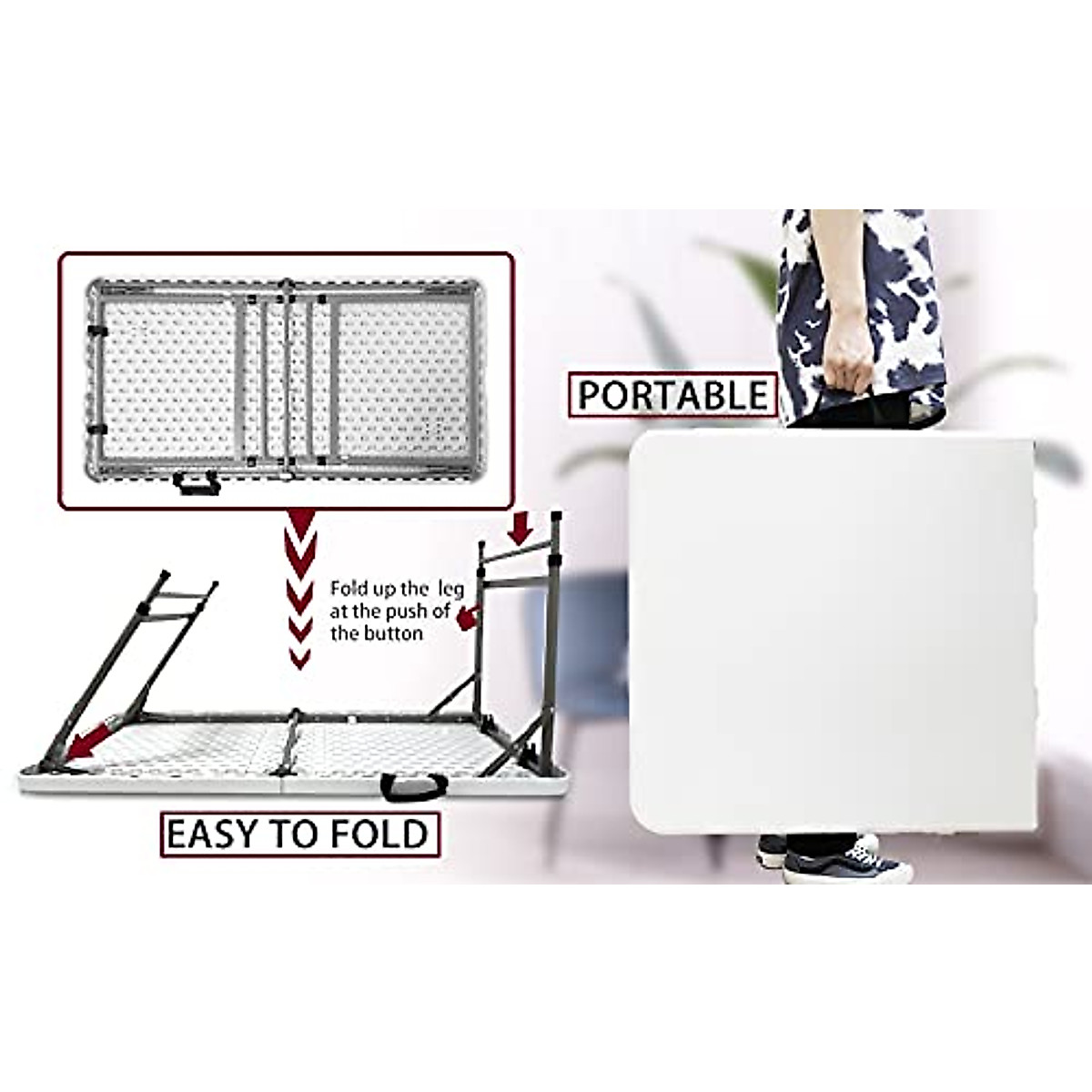 HYMnature Folding Tables 4 Foot Lightweight, Folding Table Height Adjustable Utility Bi-Fold Table Indoor Outdoor, Portable Plastic Picnic Chrismas Party Dining Camping Tables(White)