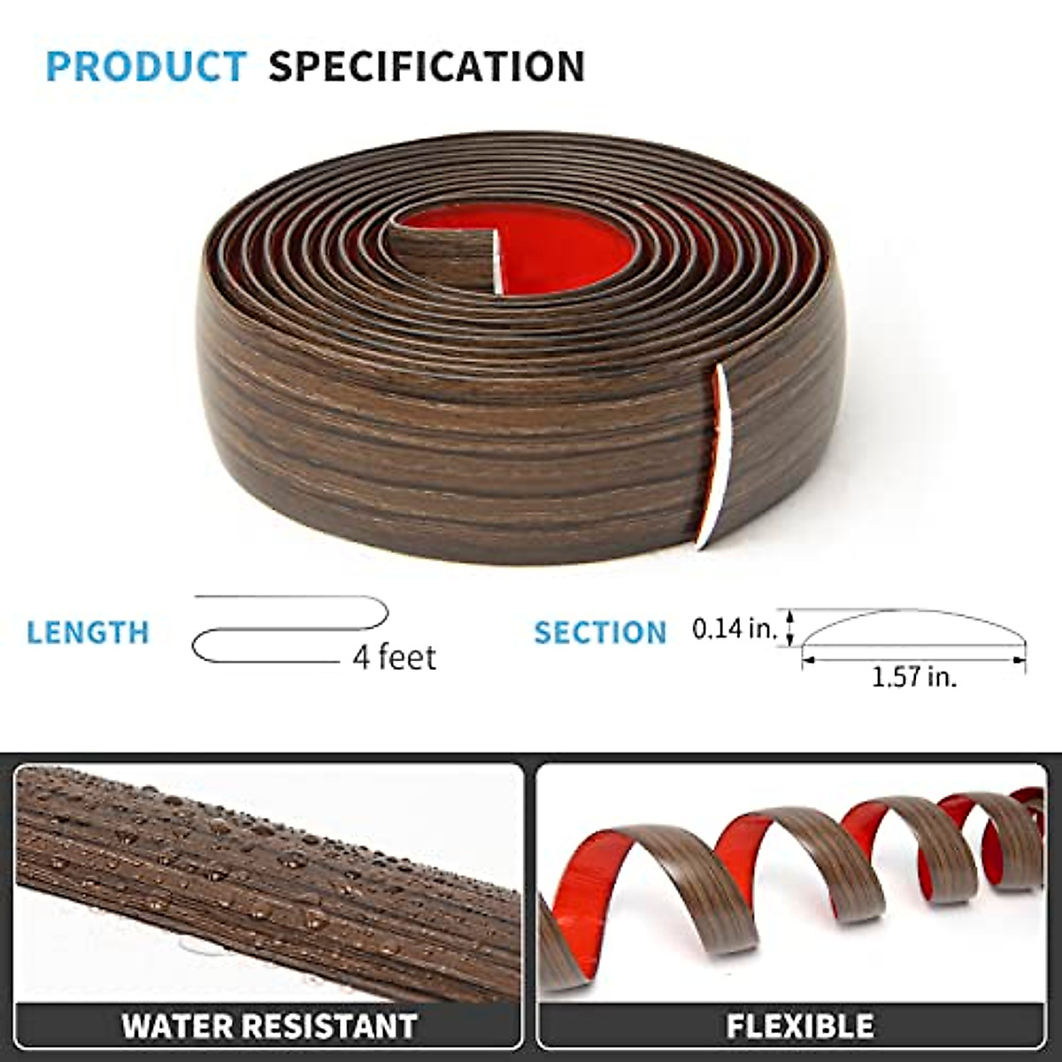 Art3d 4 FT Self Adhesive Vinyl Floor Transition Strip, Laminate Strip Flat Divider for Joining Gaps,Carpet Threshold Transition,Floor Tiles（1.57in, Brown）