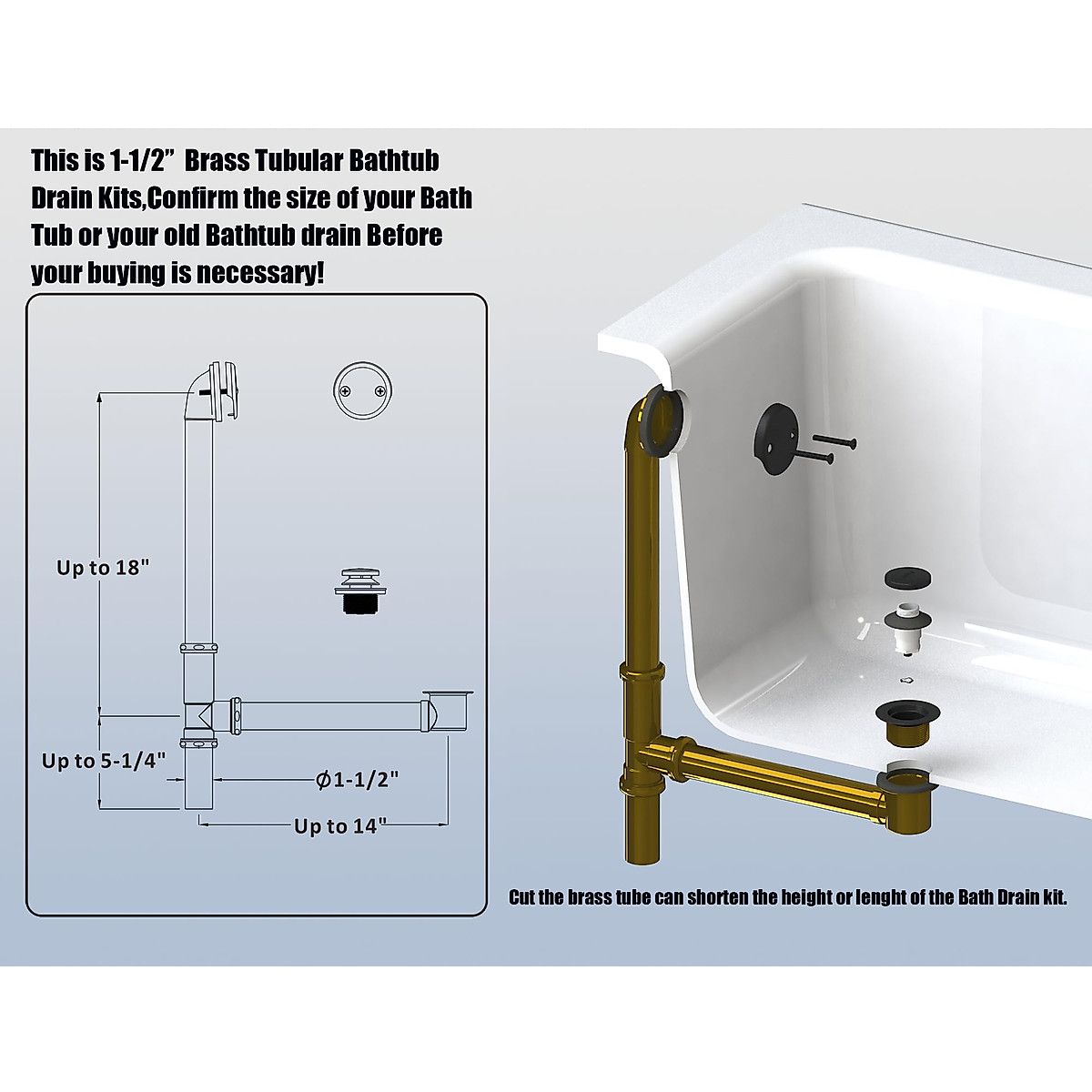 Artiwell 1-1/2" Brass Tubular Bath Drain Kit with Tip-Toe Bath Drain Stopper, Touch-Toe Tub Drain, Tip Toe Bathtub Drain Waste and Overflow with Plug and Bathtub Overflow Drain Cover, Matte Black
