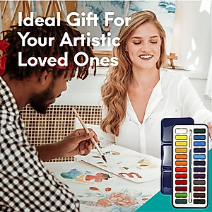 MozArt Supplies Watercolor Paint Essential Set - 24 Vibrant Colors - Lightweight and Portable - Perfect for Budding Hobbyists and Professional Artists - Paintbrush Included