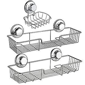 iPEGTOP 3in1 Suction Cup Shower Caddy Bath Wall Shelf + Soap Dish Holder + 2 Pack Strong Suction Cup Hooks