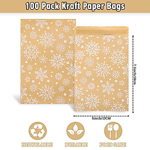Whaline 100Pcs Christmas Kraft Treat Bags Self-Adhesive Winter White Snowflake Prints Goodie Snack Gift Bags Xmas Candy Buffet Kraft Bags for Winter Holiday Party Favor Supplies