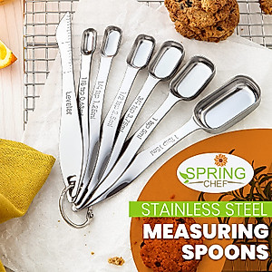 Spring Chef Heavy Duty Stainless Steel Metal Measuring Spoons for Dry or Liquid, Fits in Spice Jar, Set of 7 Including Leveler
