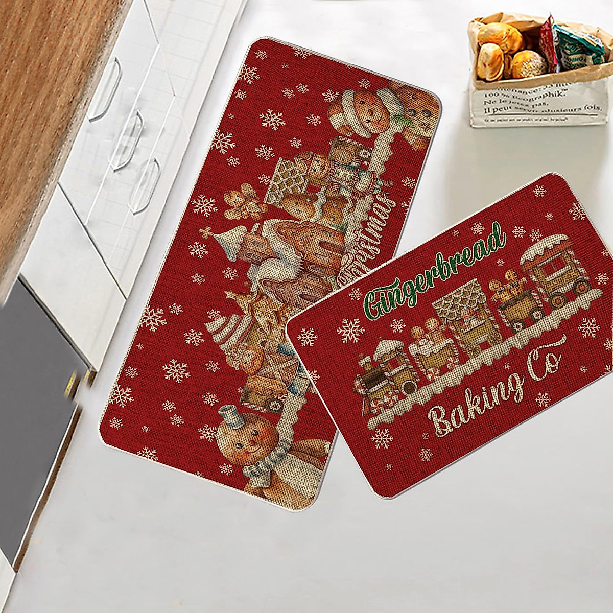 GAGEC Christmas Kitchen Rug Gingerbread Family Red Kitchen Mat Set of 2 Merry Christmas Winter Farmhouse Party Floor Mat for Home Kitchen Bathroom Decorations - 17x27 and 17x47 Inch
