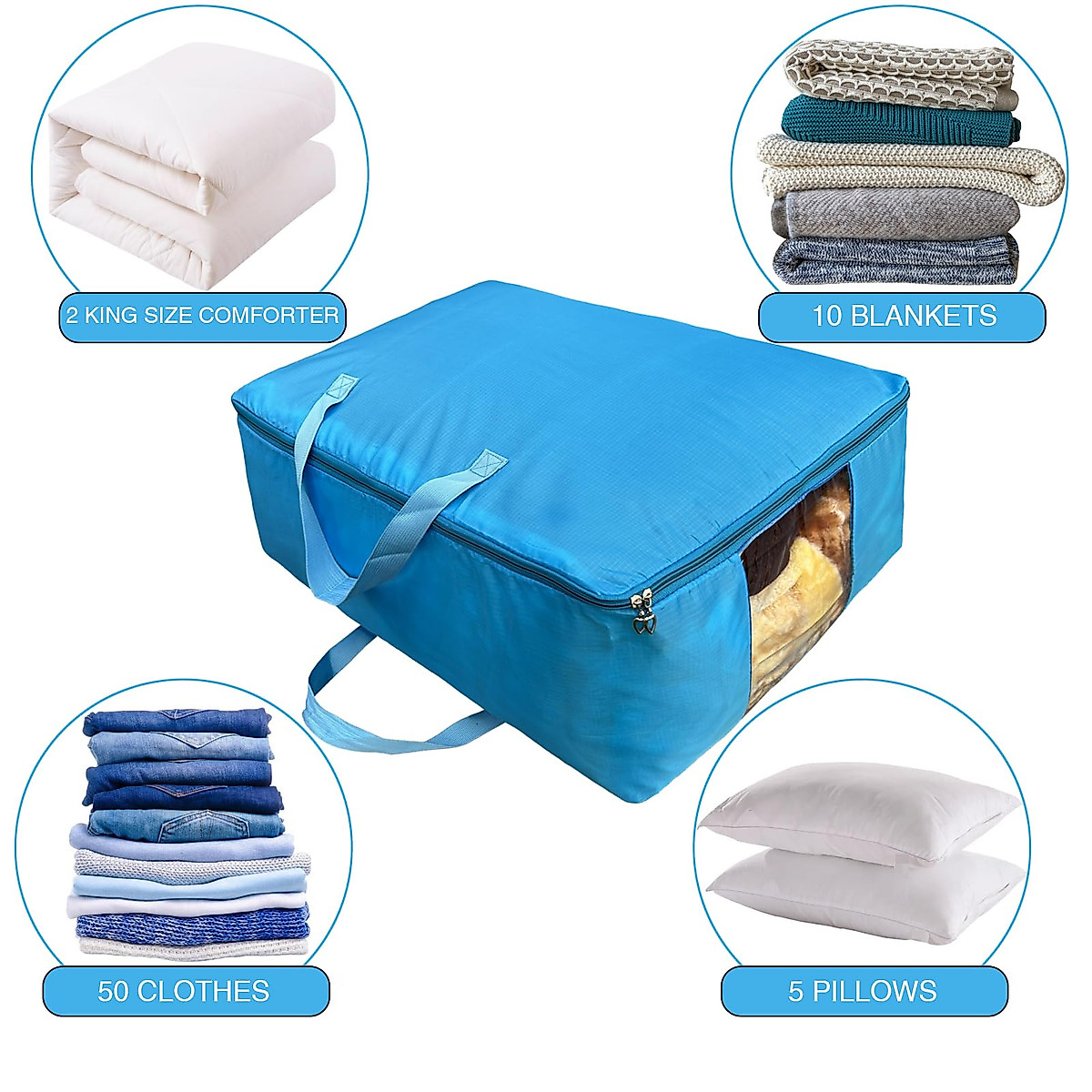 2Pack 105L Extra Large Storage Bags with Zipper, Foldable King/Queen Comforters, Quilt, Pillows, Blankets, Bedding, Clothes Storage Bags, Closet Organizers with Strong Handles&Zippers, Clear Window