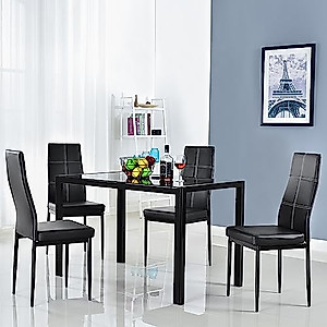 Bonnlo 5 Piece Modern Table Set for 4,Kitchen Table and Chairs for 4,Black Glass Small Kitchen Table and PU Leather Chairs for Dining Room Small Spaces,Metal Frame,Black