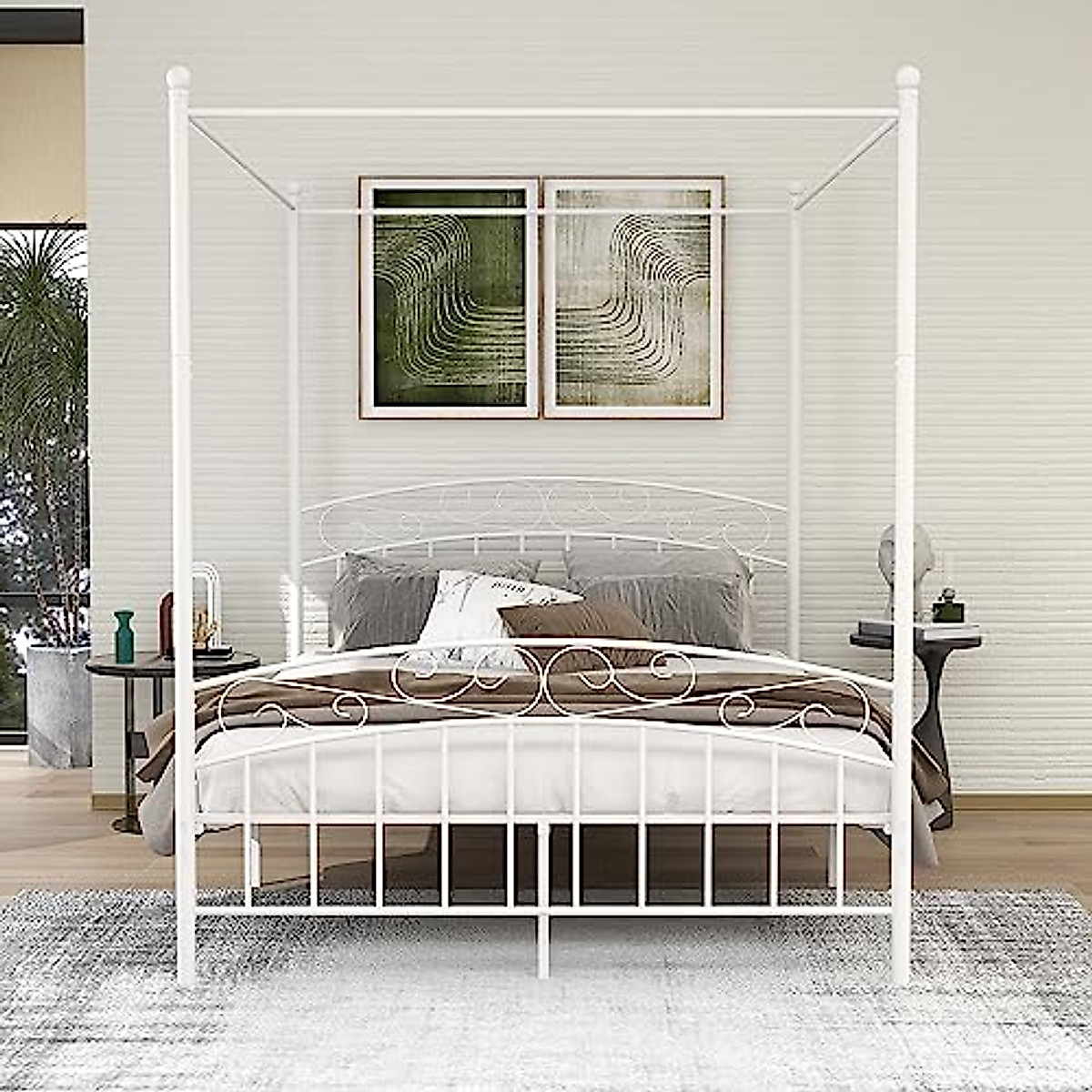 AUFANK Queen Size Canopy Bed Frame Four-Poster Metal Platform Bed with Headboard and Footboard Sturdy Heavy Duty Steel Slat Support No Box Spring Needed White