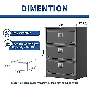 TOPKEY 3 Drawer Lateral File Cabinet with Lock, Metal Filing Storage Vertical Cabinets for Home Office Hanging Letter/Legal/F4/A4, Lockable Metal Horizontal File Cabinet with Card Slot（Black