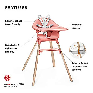Stokke Clikk High Chair, Sunny Coral - All-in-One High Chair with Tray + Harness - Light, Durable & Travel Friendly - Ergonomic with Adjustable Features - Best for 6-36 Months or Up to 33 lbs