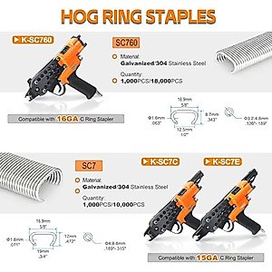 Kamsin 16 Gauge C-Type Hog Ring Staples, 1,000 PCS, Galvanized Steel, 1/2" (12.5mm) Inner Crown, 5/8" (16.9mm) Outside Crown for Pneumatic Hog Ring Gun in Cages Building or Fastening