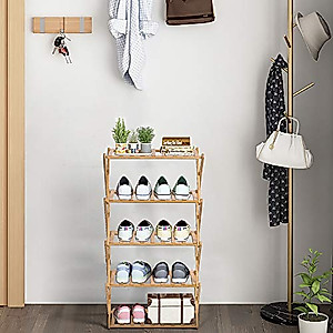 YEAKOO Multi Tier Shoe Rack, Foldable Bamboo 5 Tier Shoe Storage Organizer, Multifunctional Free Standing Shoe Shelf for Home, Entryway, Hallway, Living Room, Bedroom, Balcony (20" L x10 W)