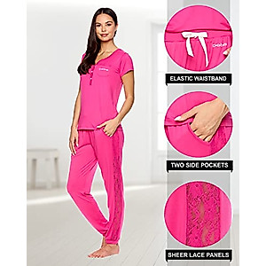 bebe Womens Pajama Sets - Short-Sleeve Pajamas for Women with Lace Accents - PJ Set for Women (Fuchsia, X-Large)