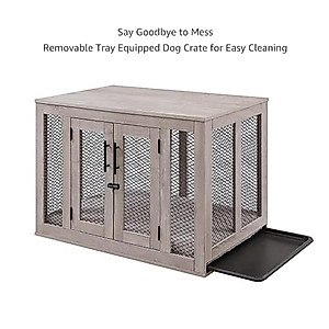 unipaws Dog Crate Furniture, Wooden Dog Kennel for Medium Breed, Indoor Decorative Wood Dog Cage, Inside Side End Table Crate with Removable Tray and Dog Bed, Dog Enclosure, for Dogs Up to 40 lbs