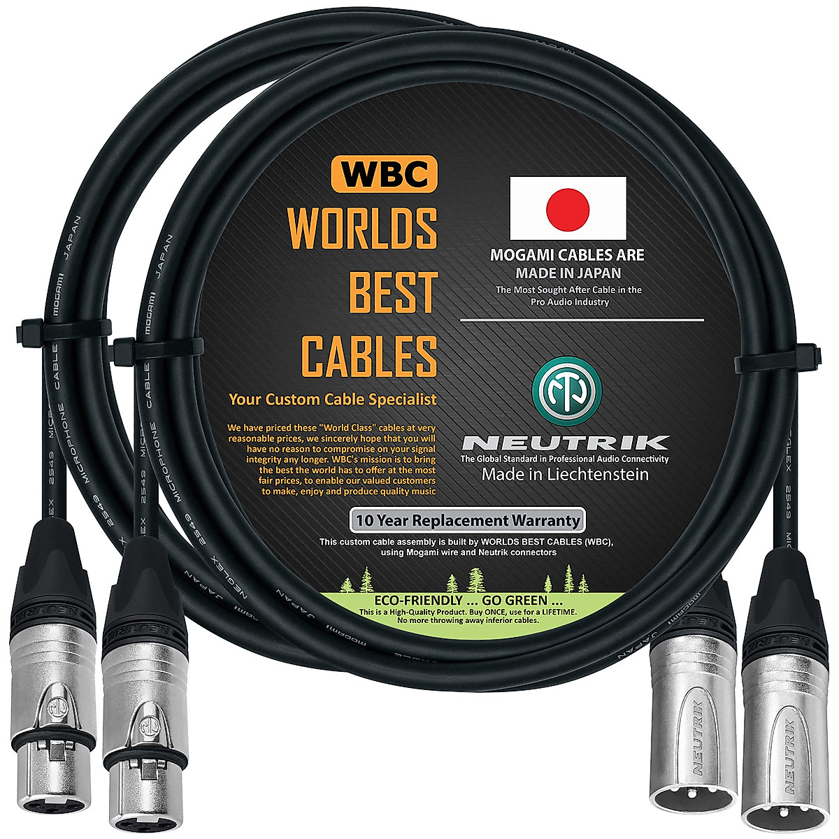 WORLDS BEST CABLES 2 Units - 4 Foot - Balanced Microphone Cable Custom Made Using Mogami 2549 (Black) Wire and Neutrik NC3MXX & NC3FXX Silver XLR Plugs