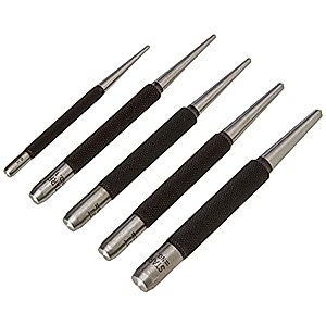 Starrett Steel Center Punch with Round Shank and Knurled Finger Grip - Hardened and Tempered Steel, 0-4-inch Length, 1/16, 5/64, 3/32, 1/8, 5/32 Diameter Tapered Point, 5 Pieces - S117PC