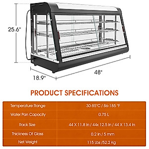 Countertop Food Warmer,48" Three Tier Commercial Warmers for Food Display, Glass case, with LED Lighting Removable Shelves Pastry for Buffet Restaurant
