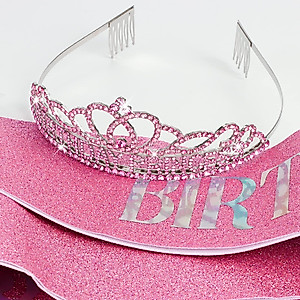 CIEHER Pink Princess Birthday Crown and Birthday Sash Set, Birthday Girl Crown Birthday Tiara for Women Birthday Decorations for Girls Rhinestone Princess Party Decorations Birthday Gifts