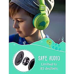 Planet Buddies Kids Headphones, Wired Headphones with Microphone for Kids, Volume Safe Foldable On Ear Earphones for School, Travel, Phone, Kindle - Green Turtle