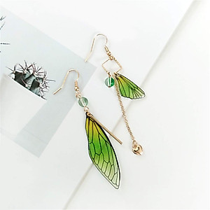 Unique Asymmetry Big Monarch Colorful Butterfly Wing Drop Dangle Earrings Crystal Dragonfly Wing Earrings Fashion Insect Jewelry For Women Gifts (Green)