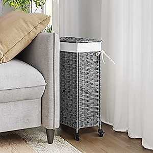 Chrislley 53L Slim Handwoven Rattan Laundry Hamper with Lid Rolling Laundry Basket with Removable Liner Bags Foldable Hampers with Wheels（Grey）