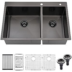 33 Inch Drop In Black Double Bowl Kitchen Sink, Gabhar 33" x 22" 16Gauge Topmount Black Stainless Steel 60/40 Double Bowl Kitchen Sinks