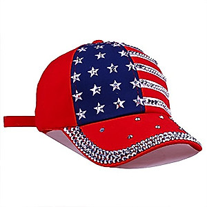 USA Bling Baseball Cap Sparkle American Flag Hat for Men Women Hip Hop Caps (Red)