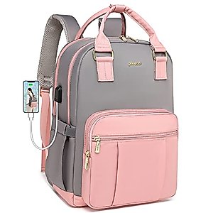 Focdod Laptop Backpack Women Work Bag: 15.6 Inch School College Backpacks Teacher Bags Purse Travel Computer Small Business Nurse Lightweight Back Pack with USB Charging Port Gift Pink